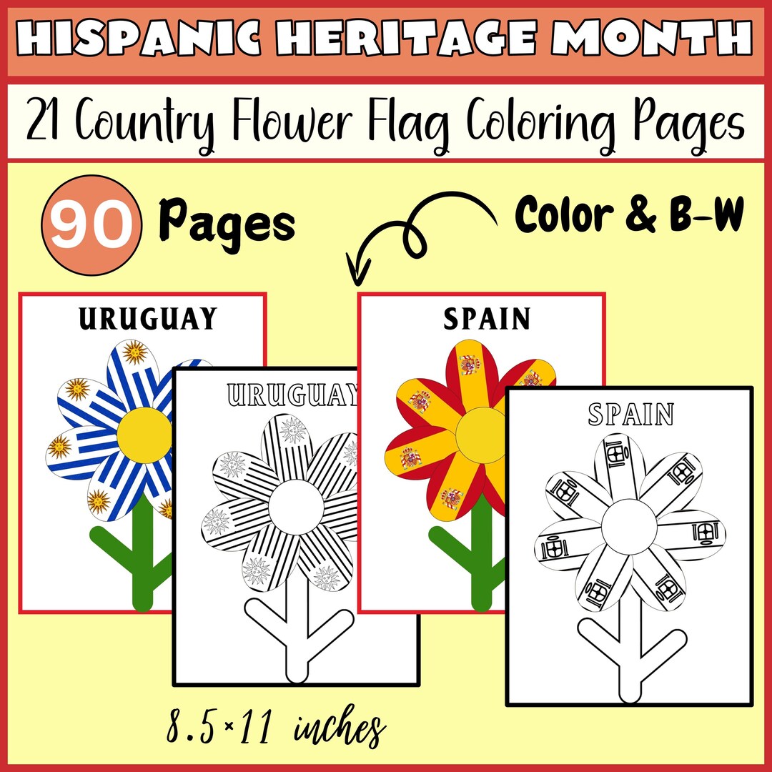 21 Hispanic Country Flag Flower Coloring Pages-color/ B&W Printable ...