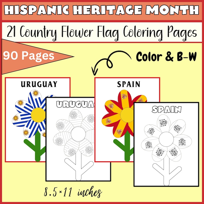21 Hispanic Country Flag Flower Coloring Pages-color/ B&W Printable ...