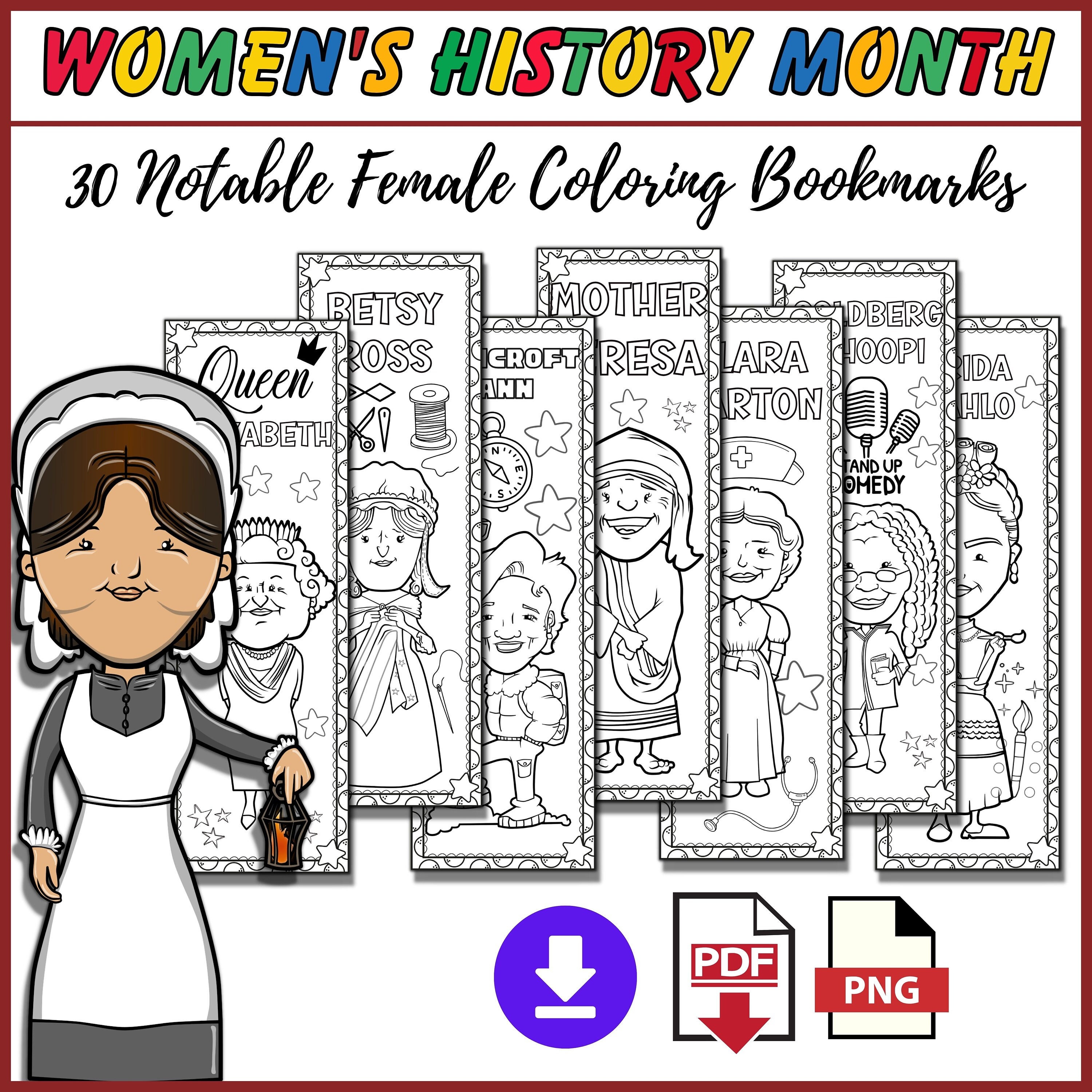 Printable Women's History Month Coloring Bookmarks Set Famous Women in ...