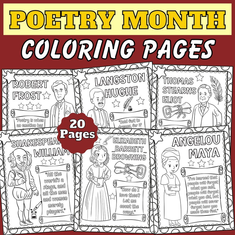 National Poetry Month Coloring Pages Famous Poets Coloring Sheets ...