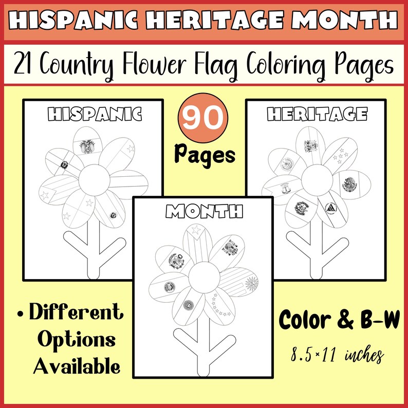 21 Hispanic Country Flag Flower Coloring Pages-color/ B&W Printable ...