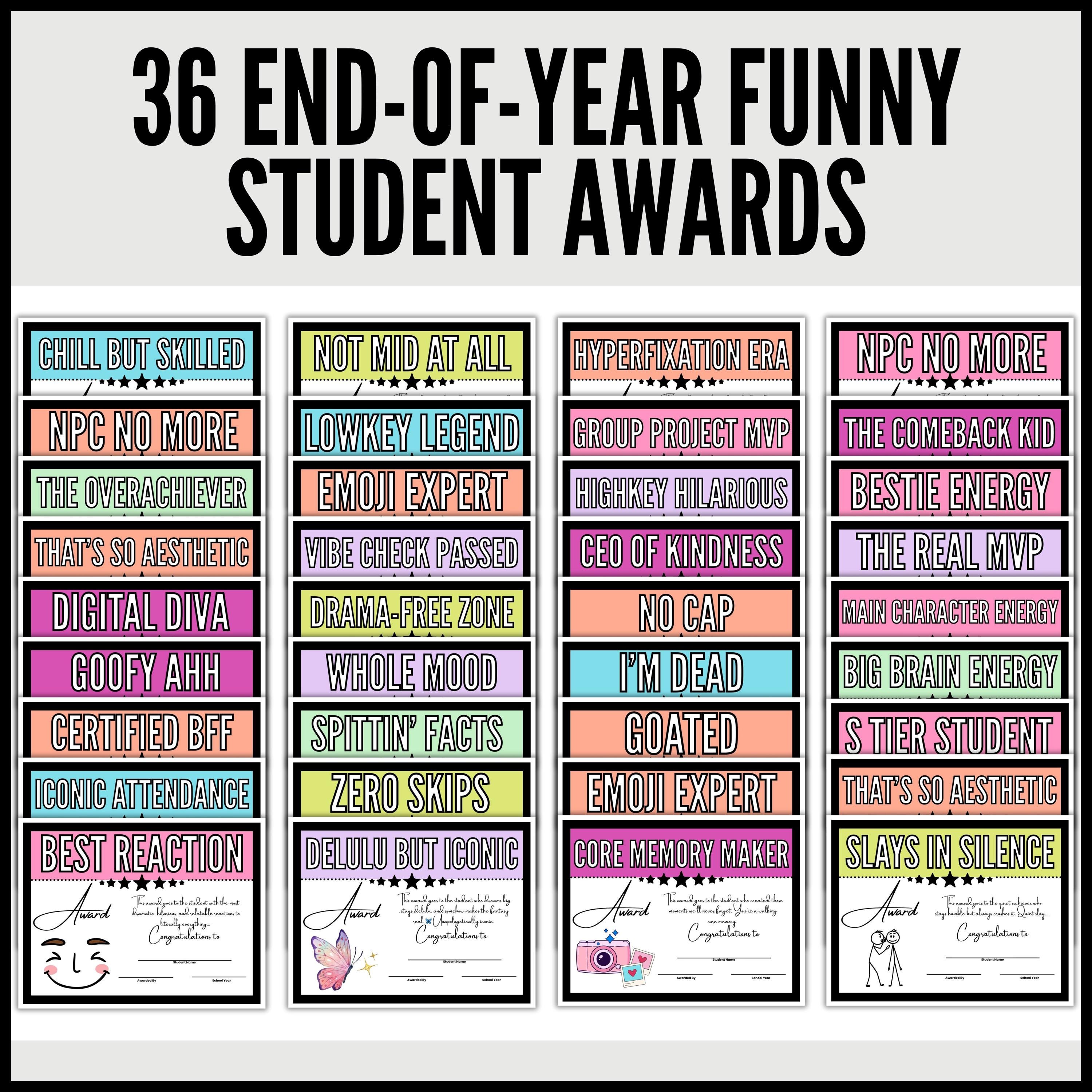 End-of-year Funny Student Awards | Student Achievement Certificates for ...