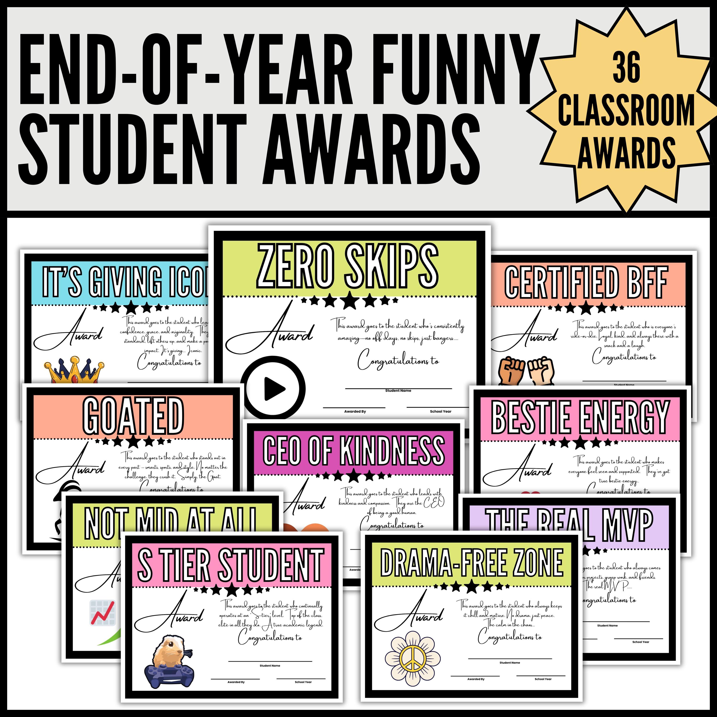End-of-year Funny Student Awards | Student Achievement Certificates for ...