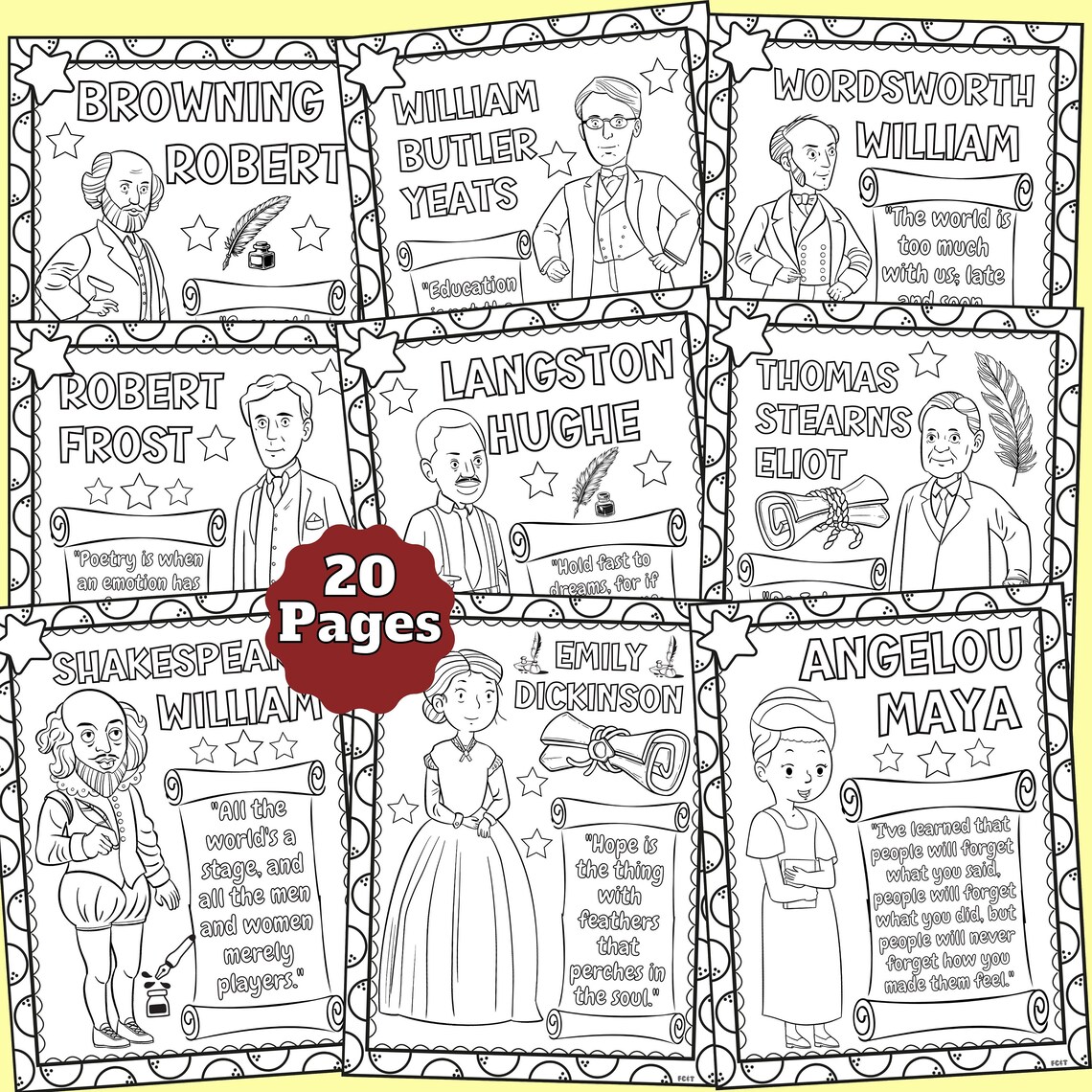 National Poetry Month Coloring Pages Famous Poets Coloring Sheets ...
