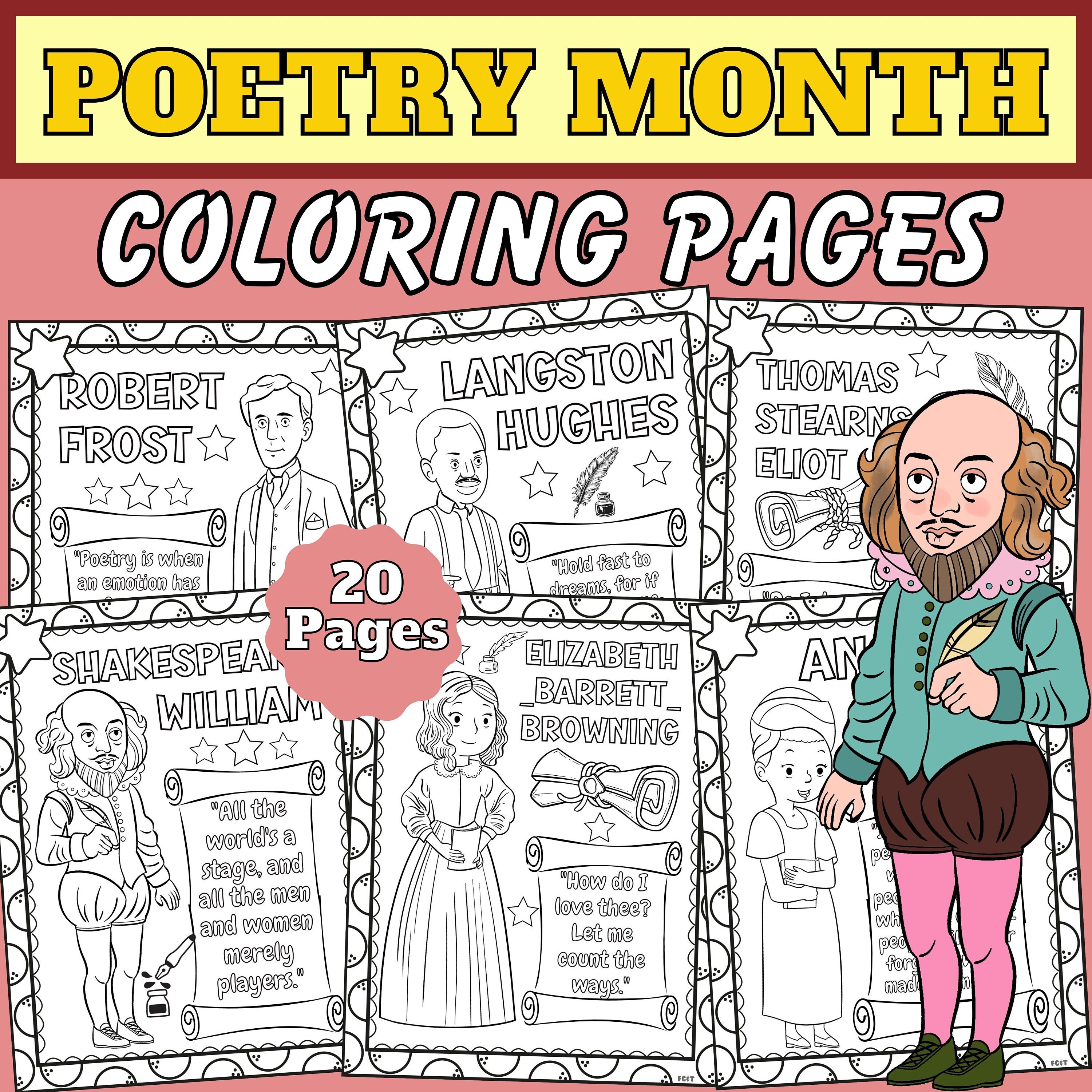 National Poetry Month Coloring Pages | Famous Poets Coloring Sheets ...