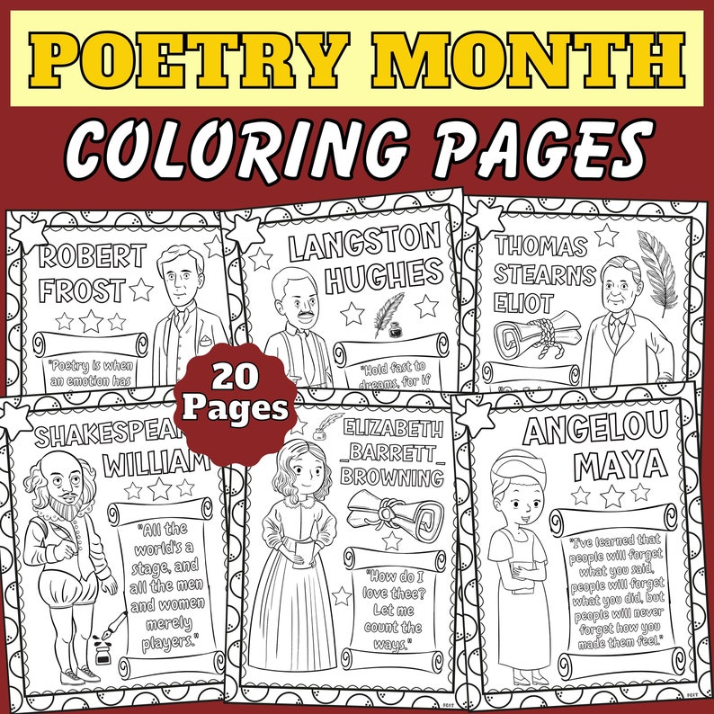 National Poetry Month Coloring Pages | Famous Poets Coloring Sheets ...