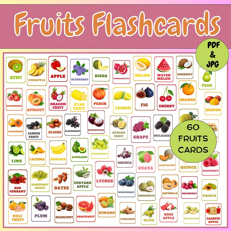 60 Printable Fruits Flashcards for Kids Fruits Names Cards - Etsy
