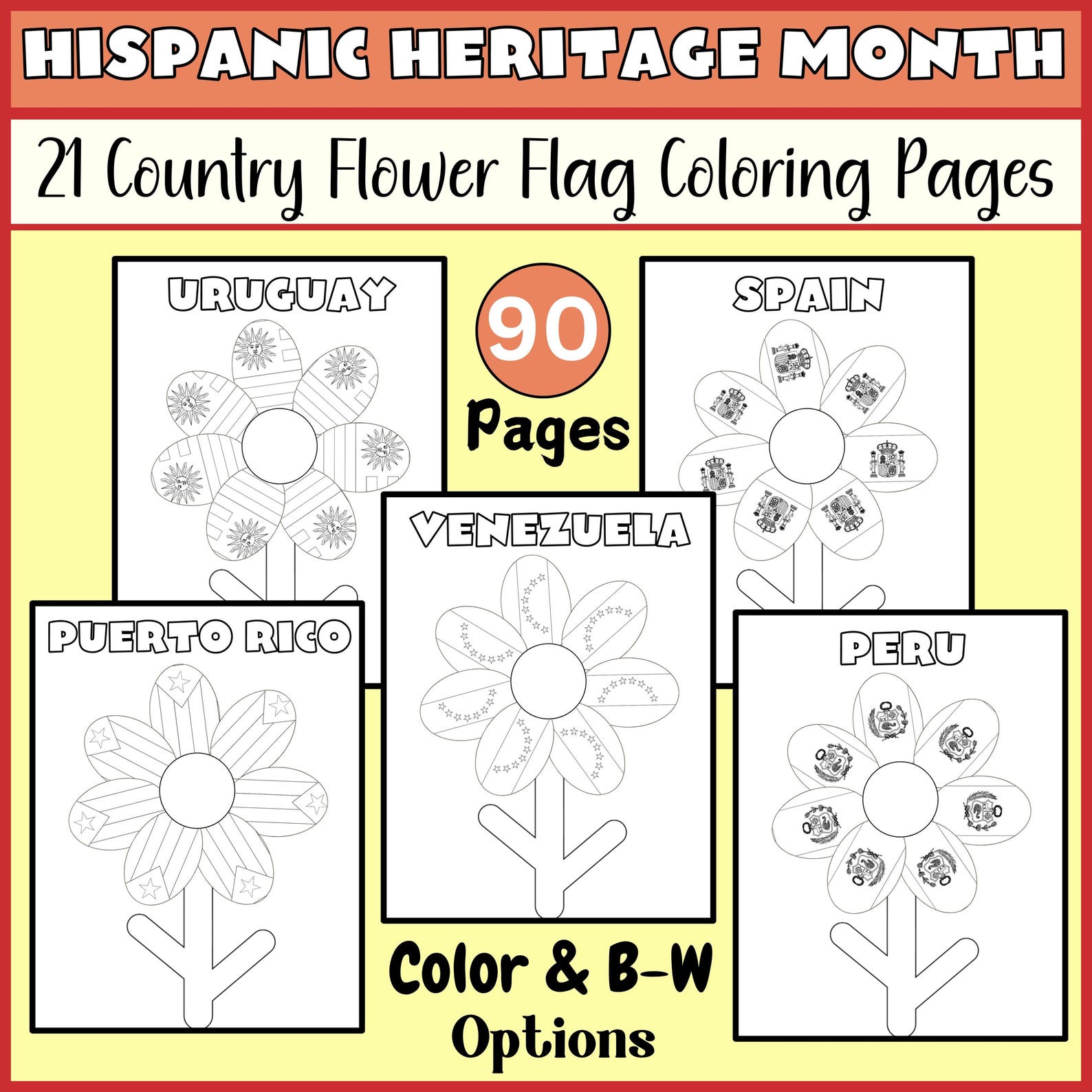 21 Hispanic Country Flag Flower Coloring Pages-color/ B&W Printable ...