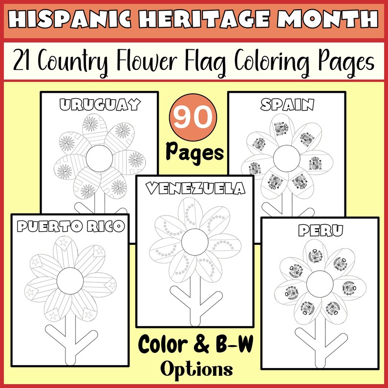 21 Hispanic Country Flag Flower Coloring Pages-color/ B&W Printable ...