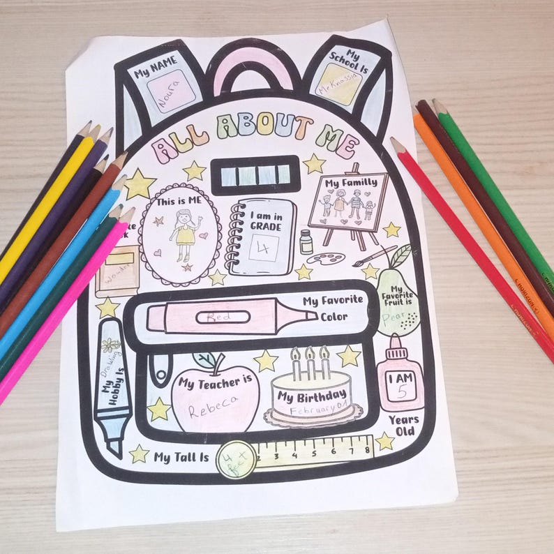 All About Me Back to School Printable Backpack Art, Writing Activity ...