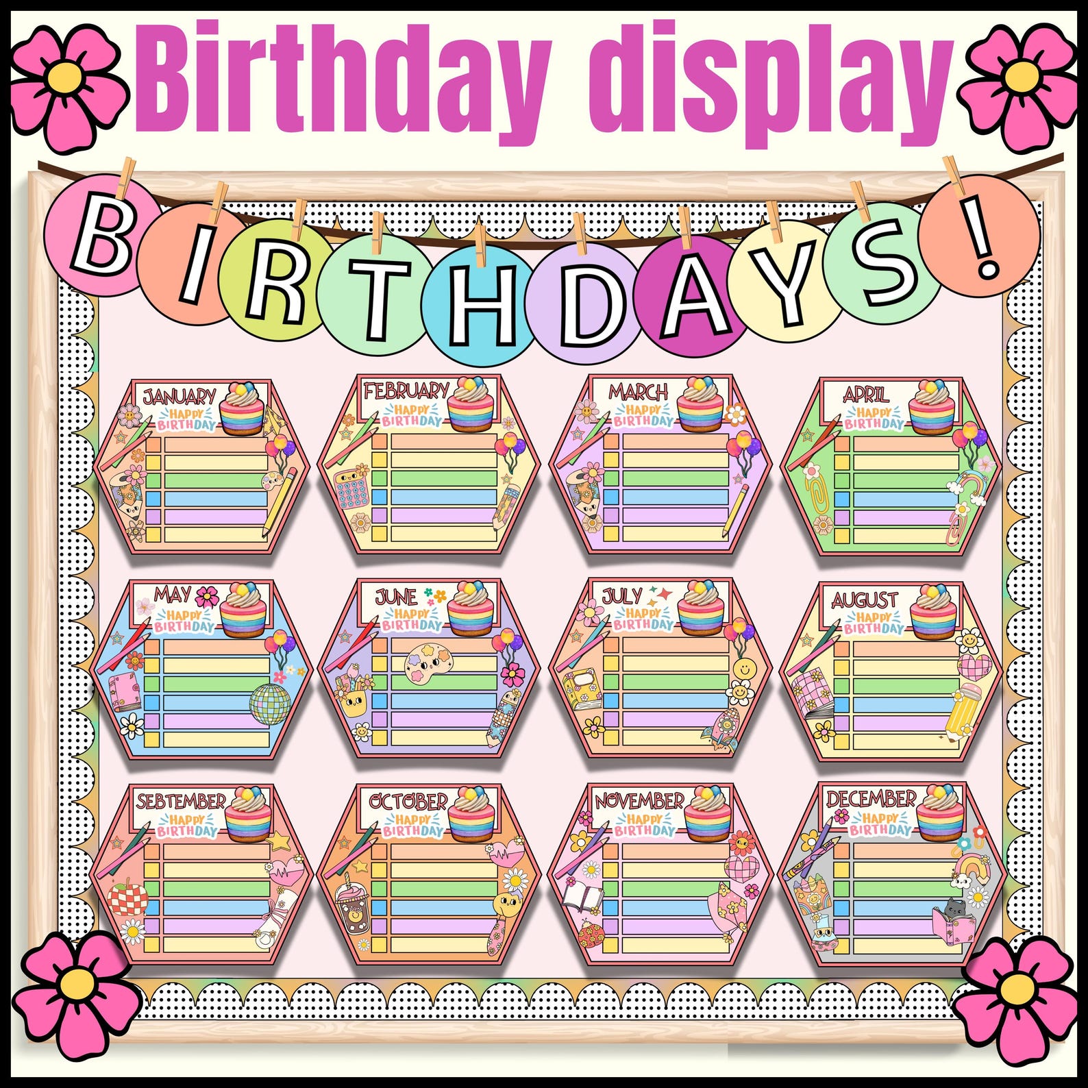 Pastel Classroom Birthday Display | Classroom Birthday Bulletin Board ...