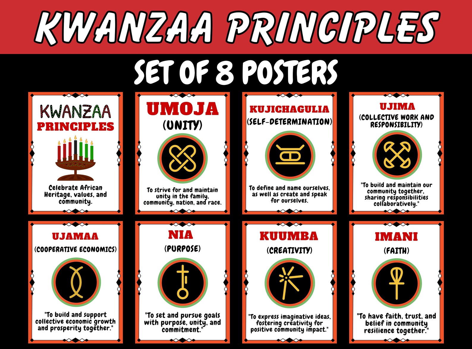 Kwaanza Principals Posters Set of 8 - the 7 Principles of Kwanzaa ...