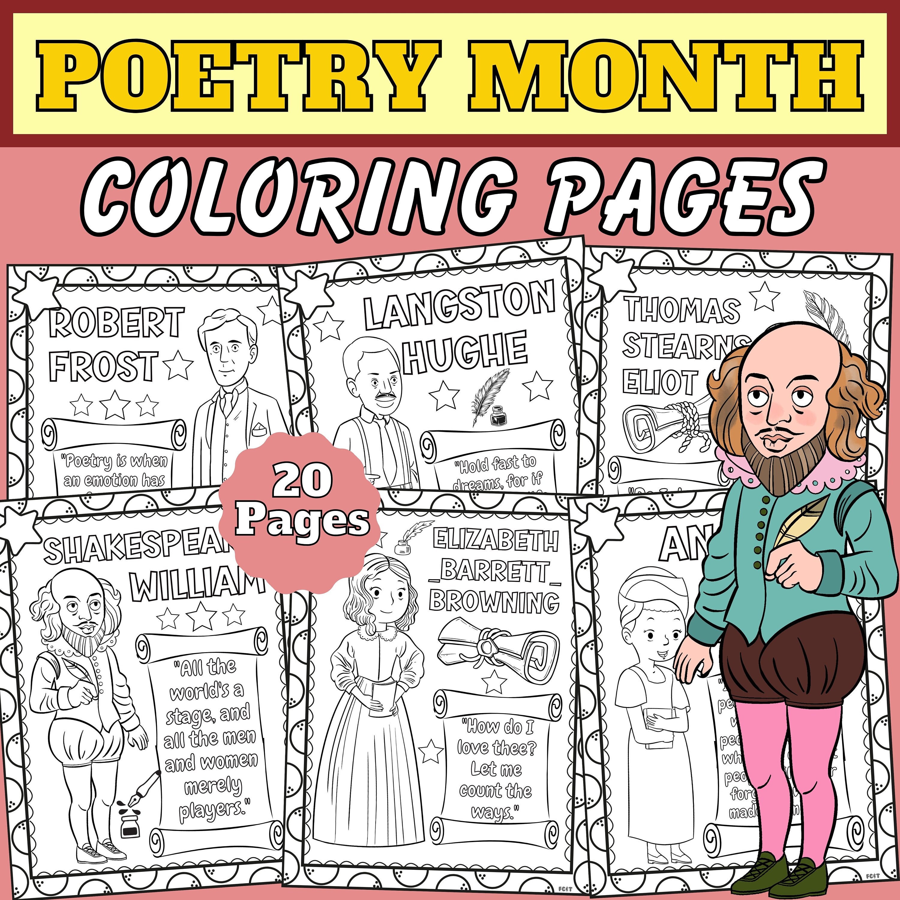 National Poetry Month Coloring Pages Famous Poets Coloring Sheets ...