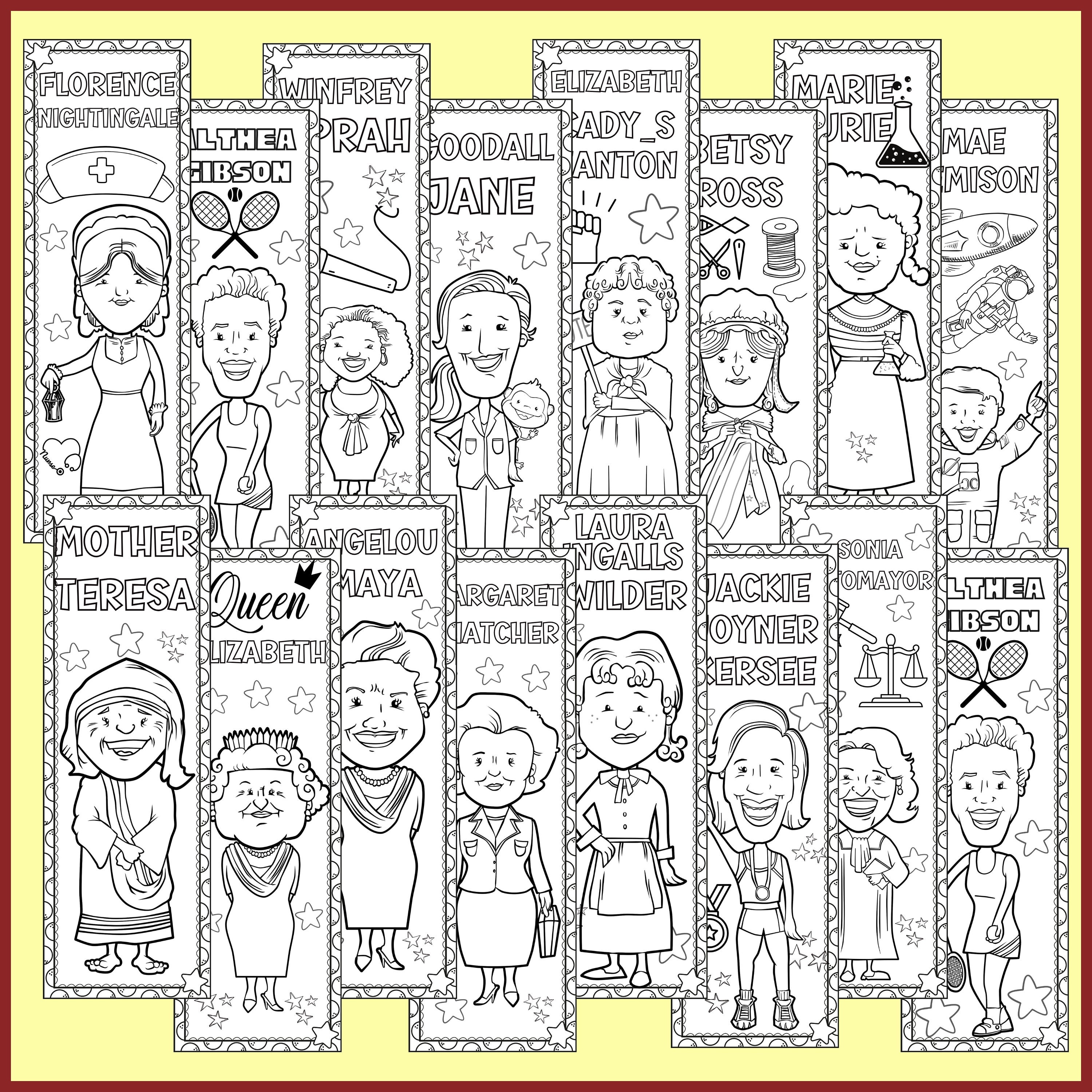 Printable Women's History Month Coloring Bookmarks Set Famous Women in ...
