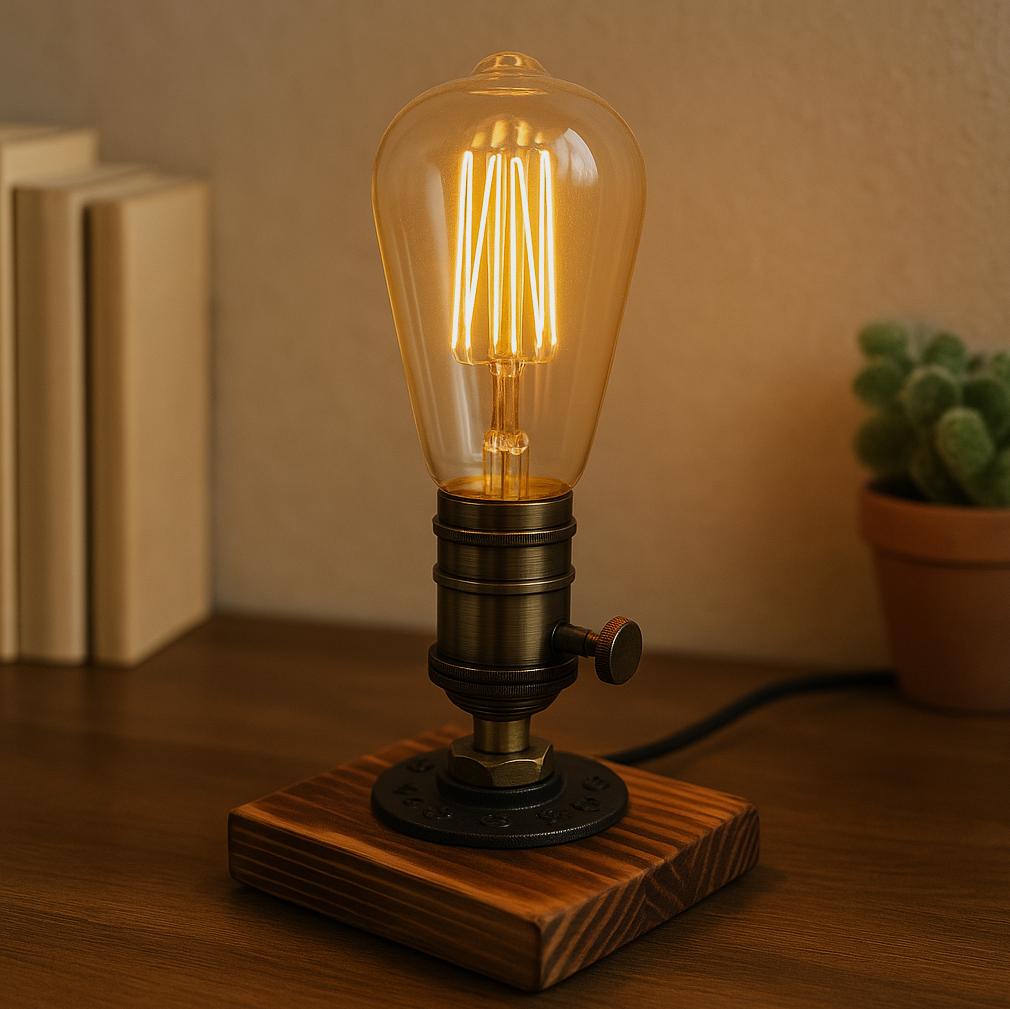 Vintage Edison Bulb Desk Lamp – Rustic Industrial Lighting With Wooden ...