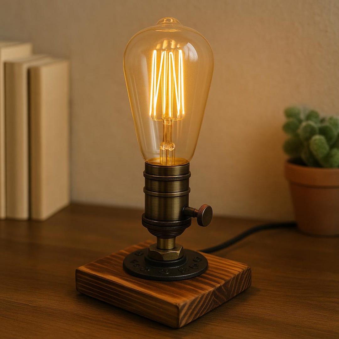 Edison Bulb Desk Lamp With Wooden Base Vintage Rustic Industrial ...