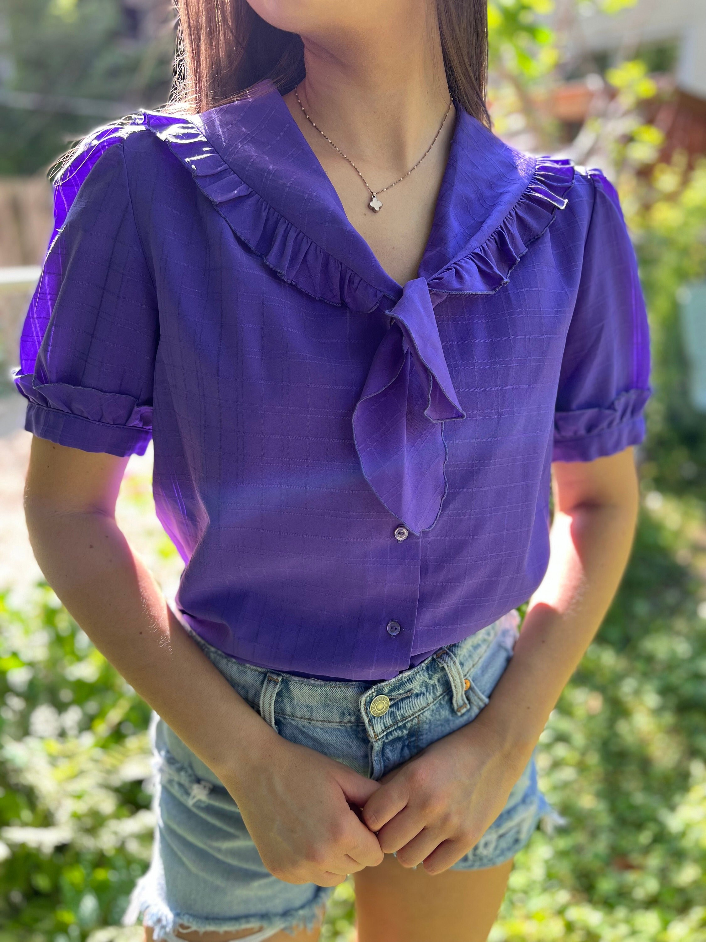 Vintage Purple 80's Blouse, Puff Sleeve, Ruffle Cuffs, Bow, Sz S/M - Etsy