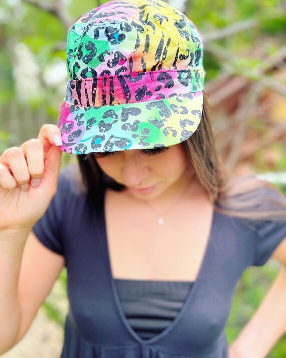 80's Colorful Leopard Print Cap, Cotton Hat - Gem