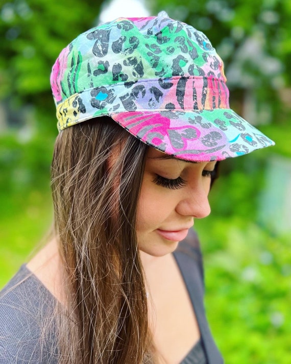 80's Colorful Leopard Print Cap, Cotton Hat - Gem