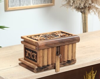 Secret Lock Wooden Jewelry Box, Carved Wooden Chest, Wooden Locking Box ...