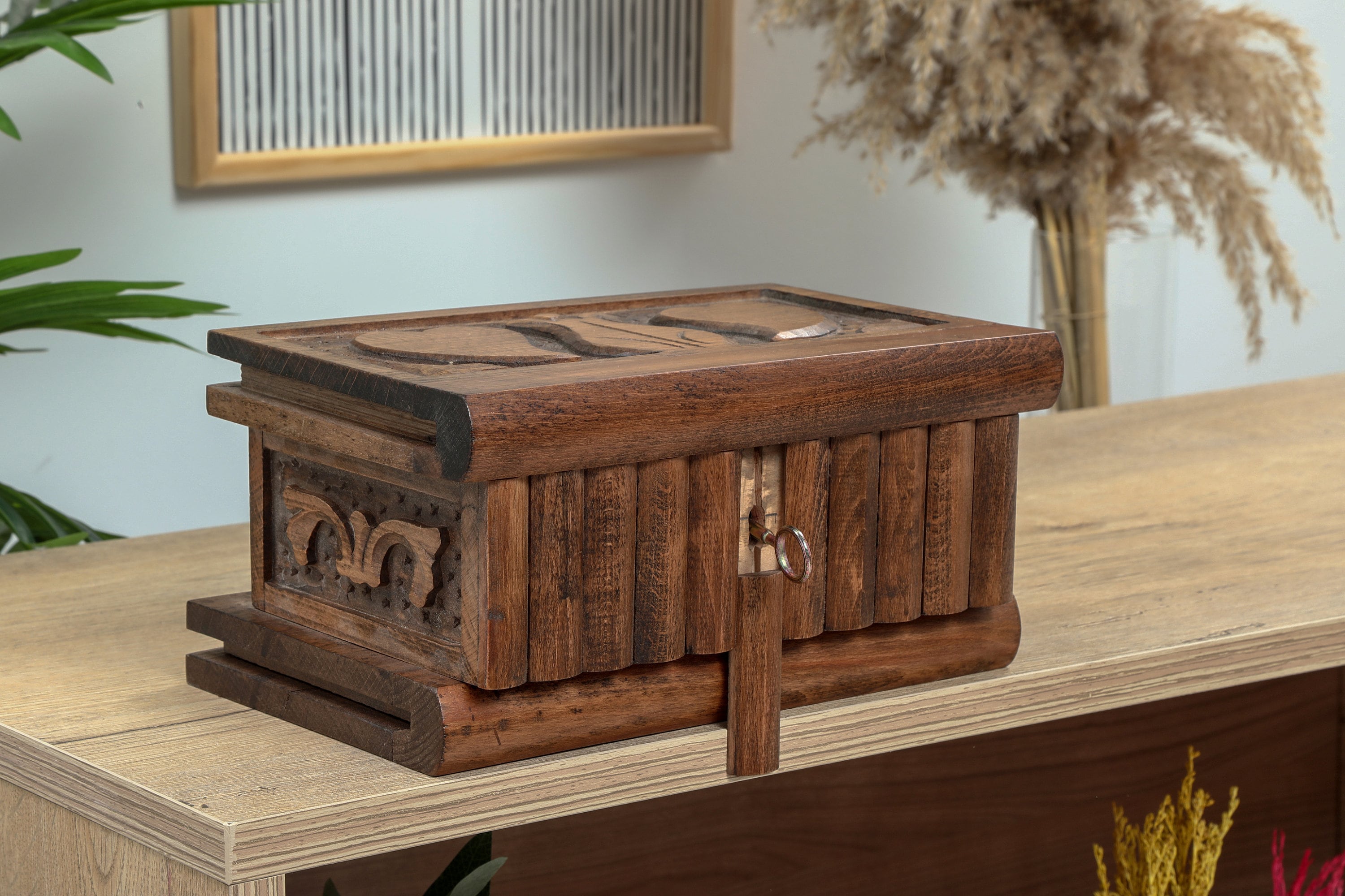 Large Hand Carved Magic Box, Puzzle Box With Secret Key, Walnut ...