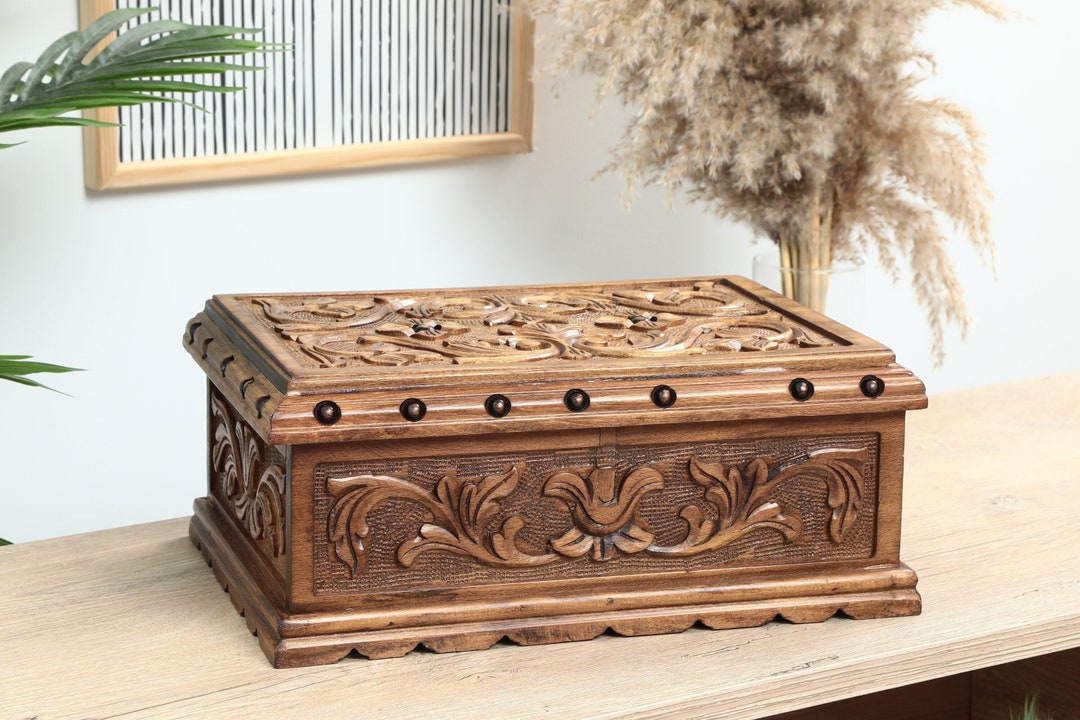 Secret Lock Jewelry Box With Key, Walnut Wooden Carved Chest, Handmade ...