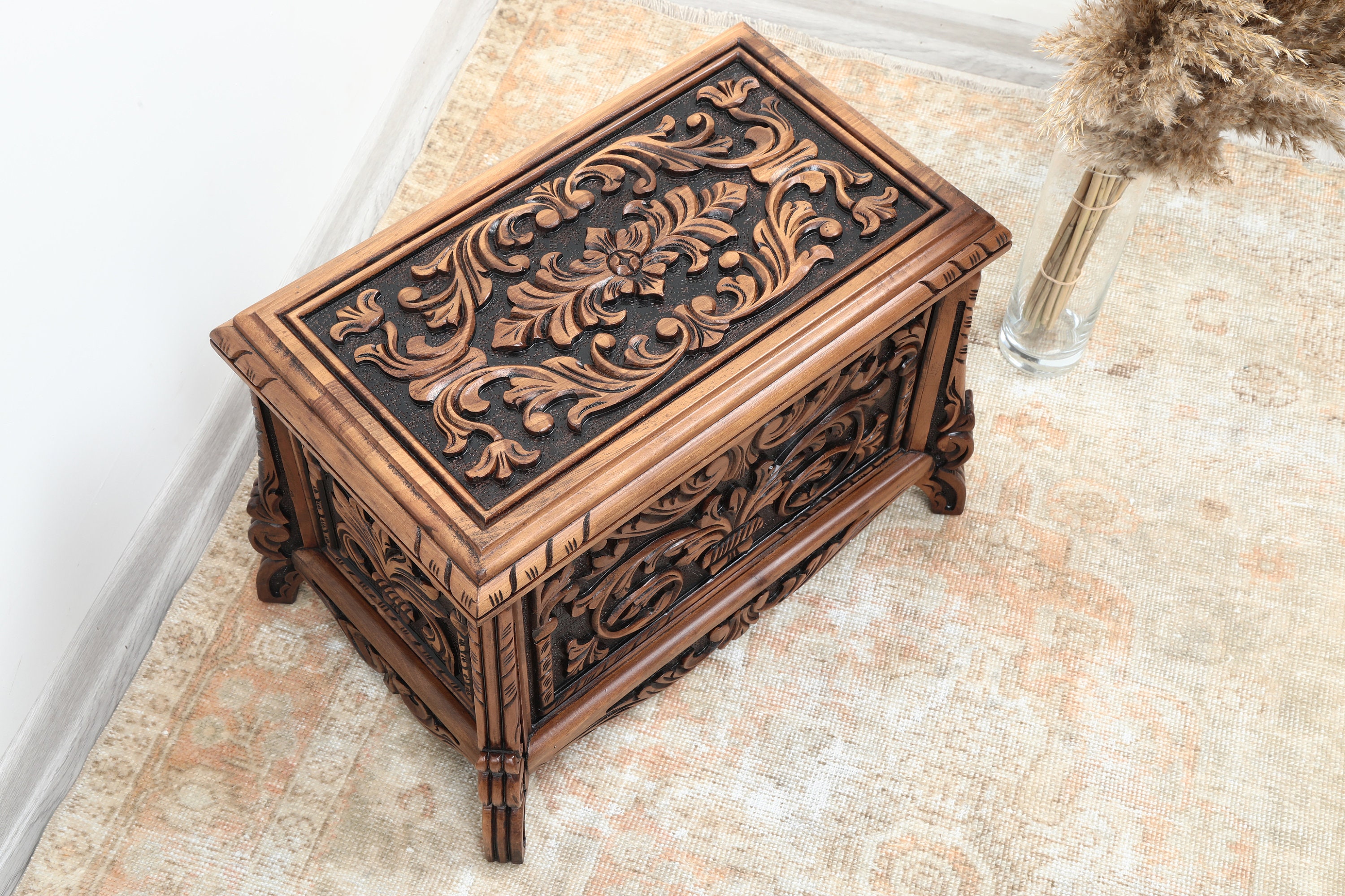 Hand Carved Vintage Chest With Key Hope Chestottoman Storage - Etsy