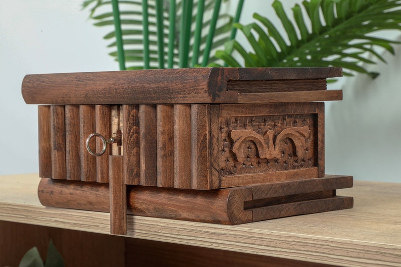 Large Hand Carved Magic Box, Puzzle Box With Secret Key, Walnut ...