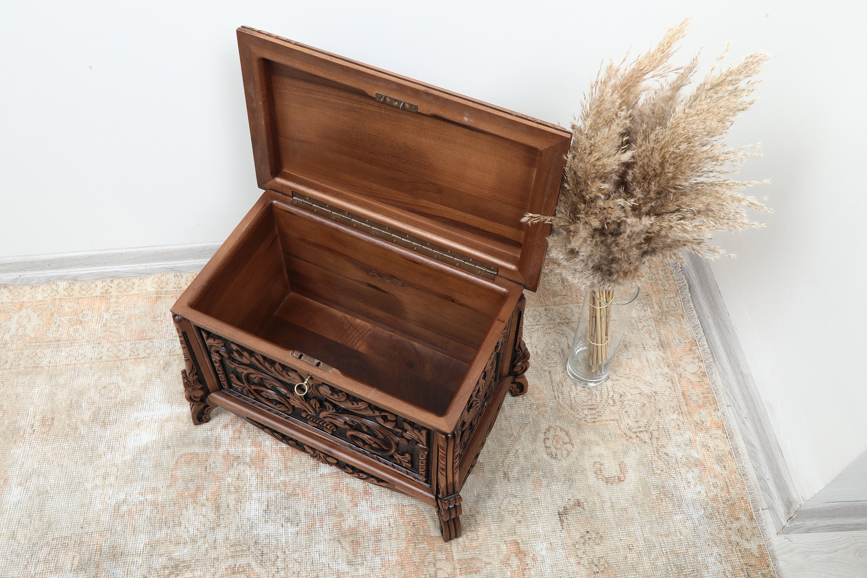 Hand Carved Vintage Chest With Key Hope Chestottoman Storage - Etsy