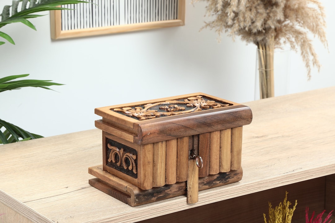 Secret Lock Jewelry Box With Key, Hand Carved Wooden Puzzle Box, Wooden ...
