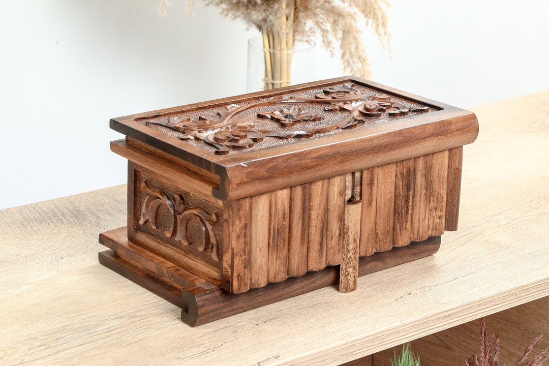 Hand Carved Puzzle Box, Jewelry Box With Key, Wooden Carved Chest ...