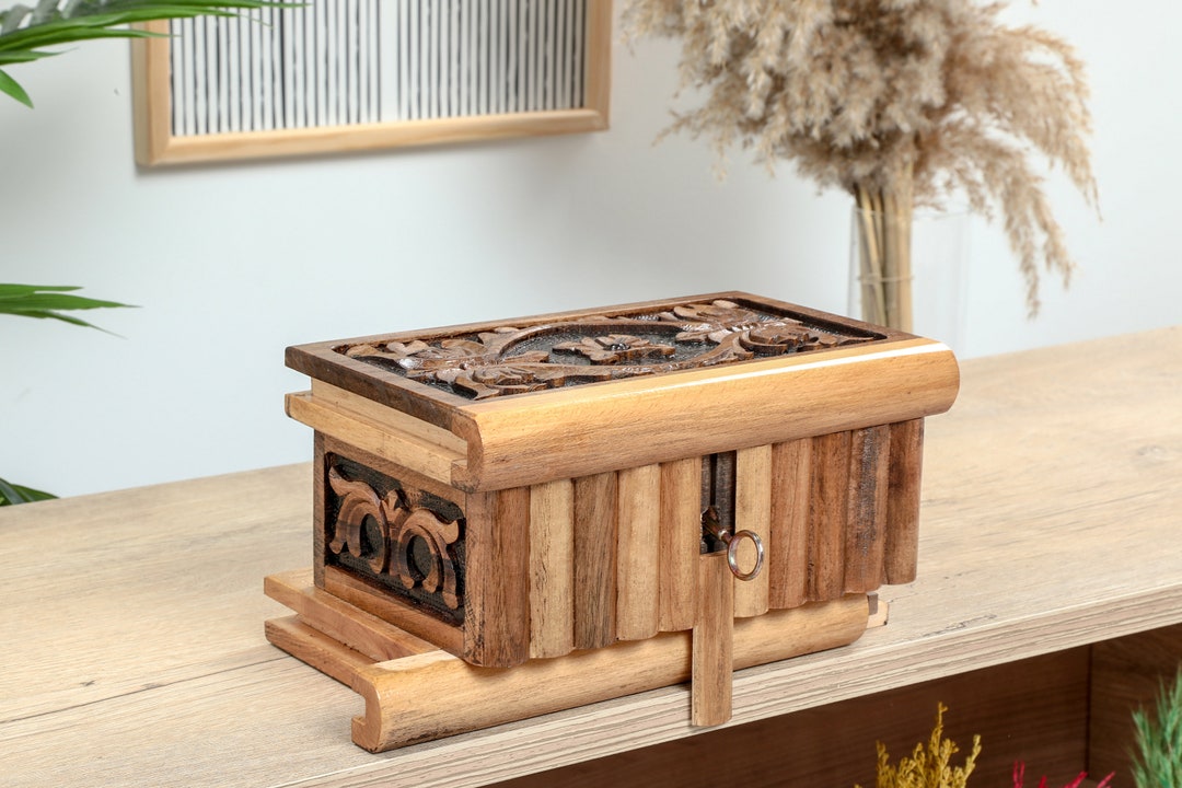 Two Tone Hand Carved Secret Lock Jewelry Box, Personalized Puzzle Box ...