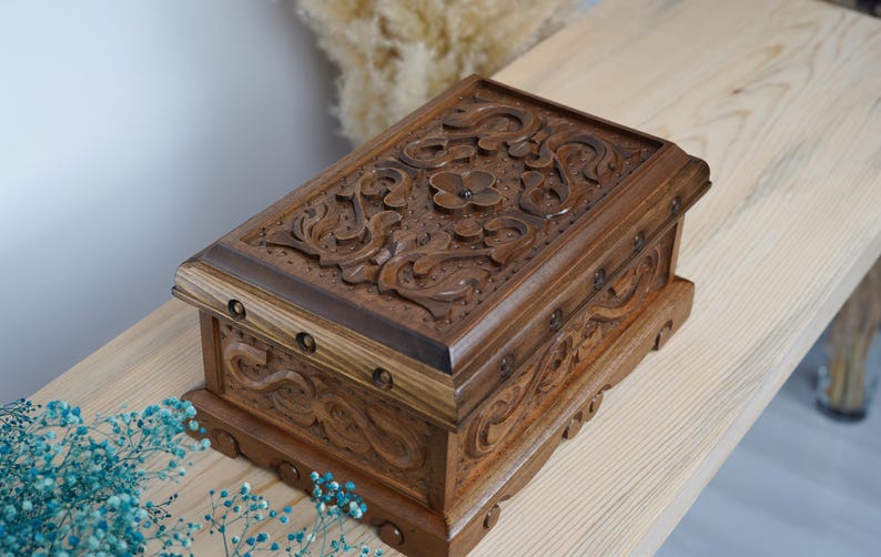 Secret Lock Jewelry Box, Carved Wooden Chest, Wooden Locking Box ...