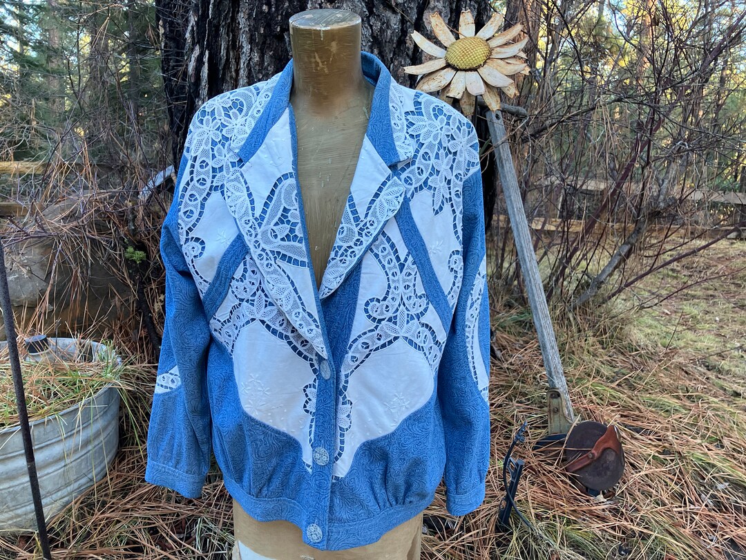 Patchwork Plus Size 80s Denim Lace Cotton Jacket Western Cottage Core ...