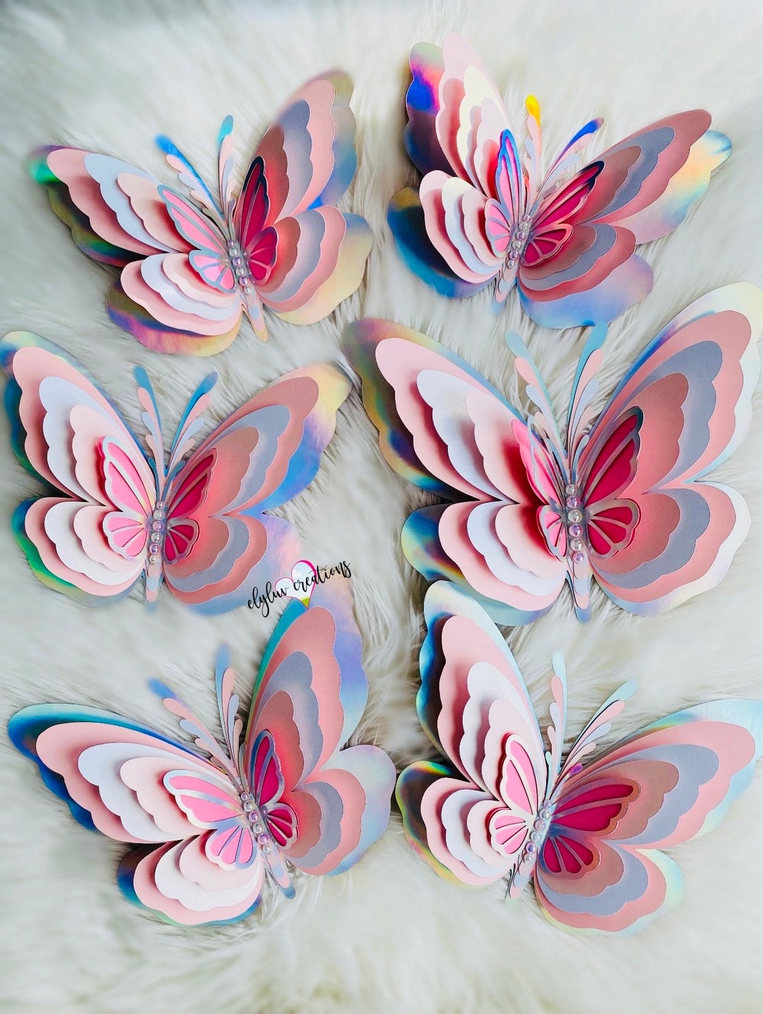 Pink and Holographic Butterfly Set With Pearl Embellishments, 5D ...
