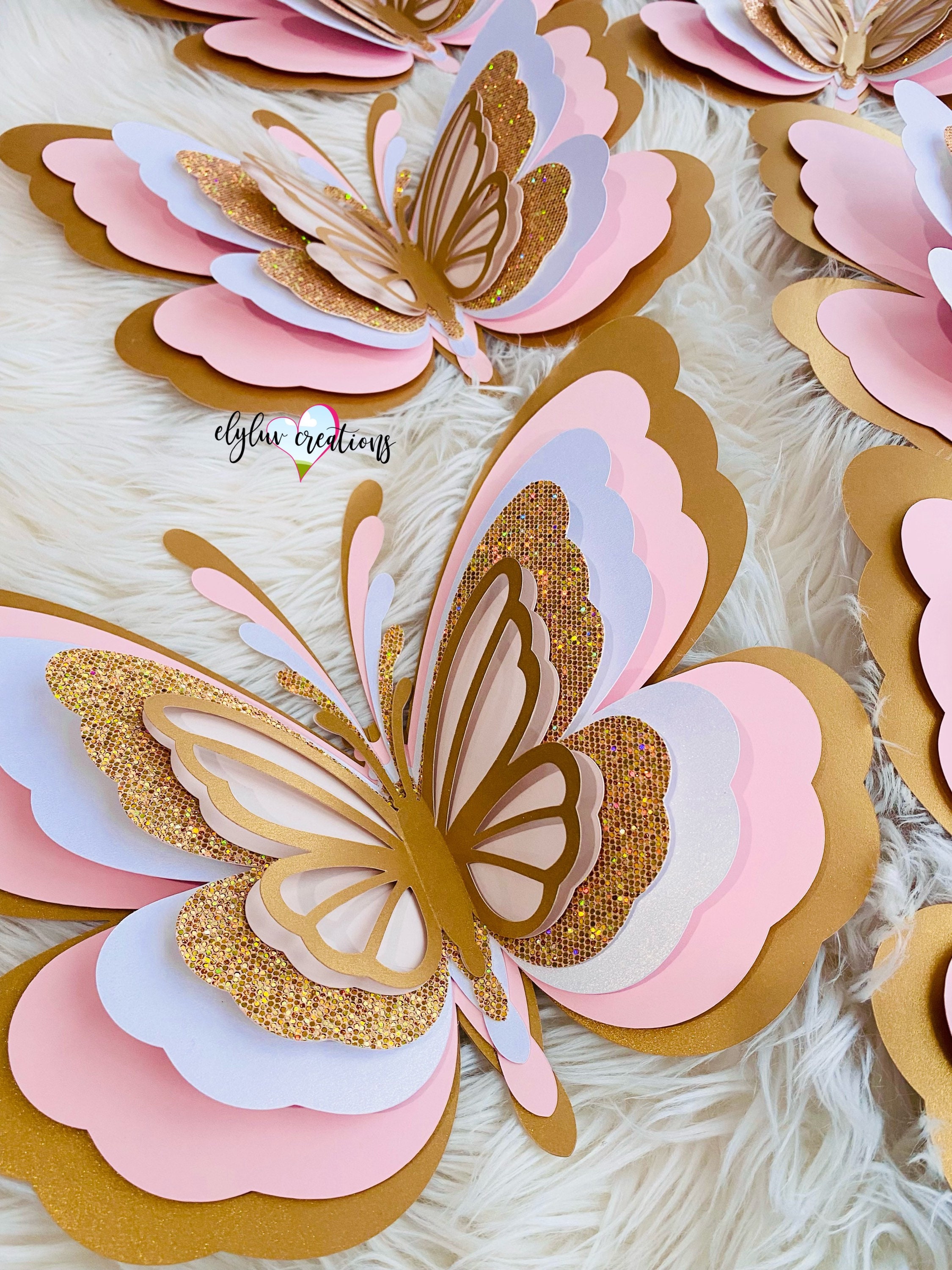 Shimmer Gold and Pink With Gold Glitter, Butterfly Set, 5D Butterfly ...
