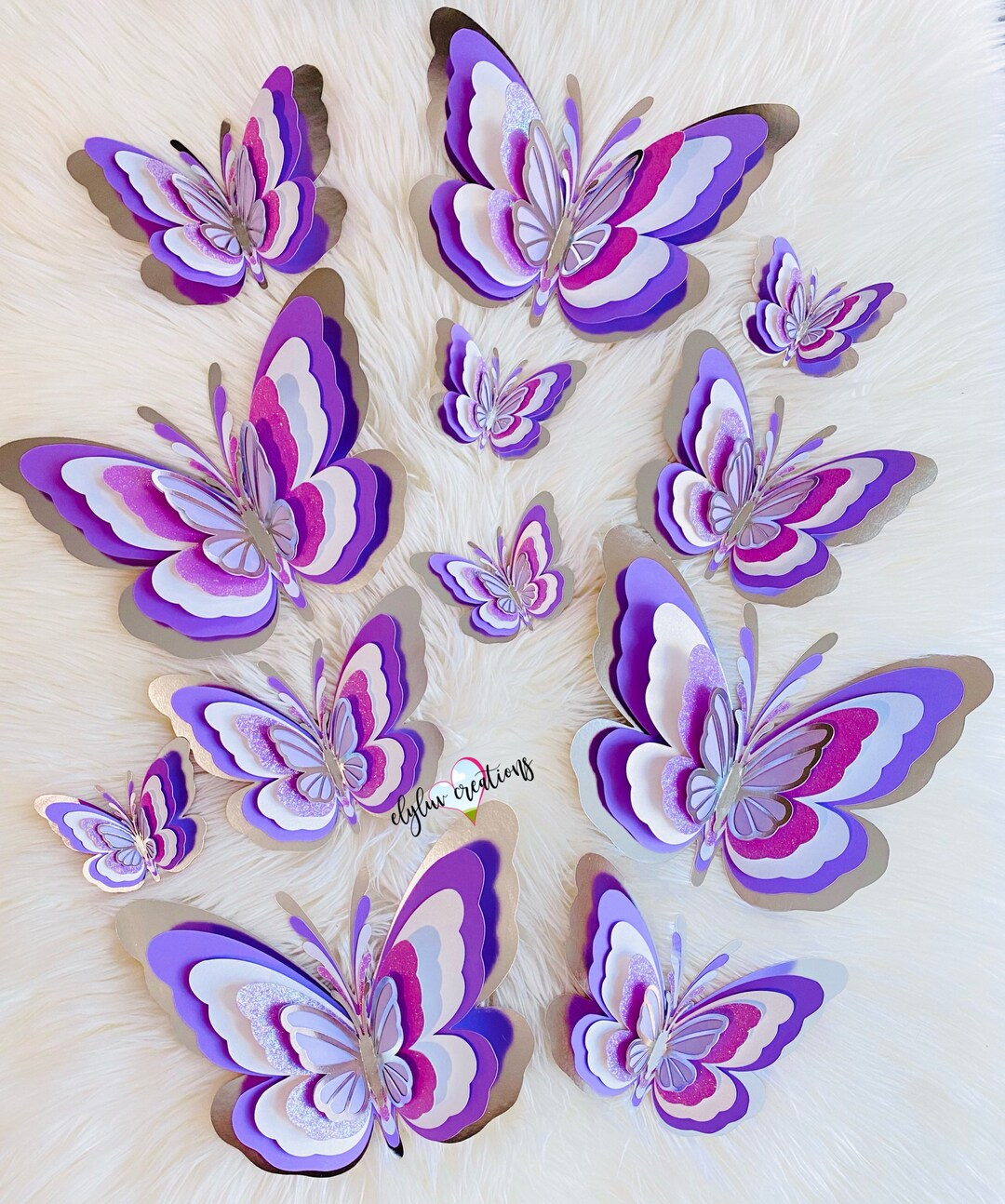 Lilac and Silver Paper Butterfly Set, 5D Butterfly Sets, Layered ...