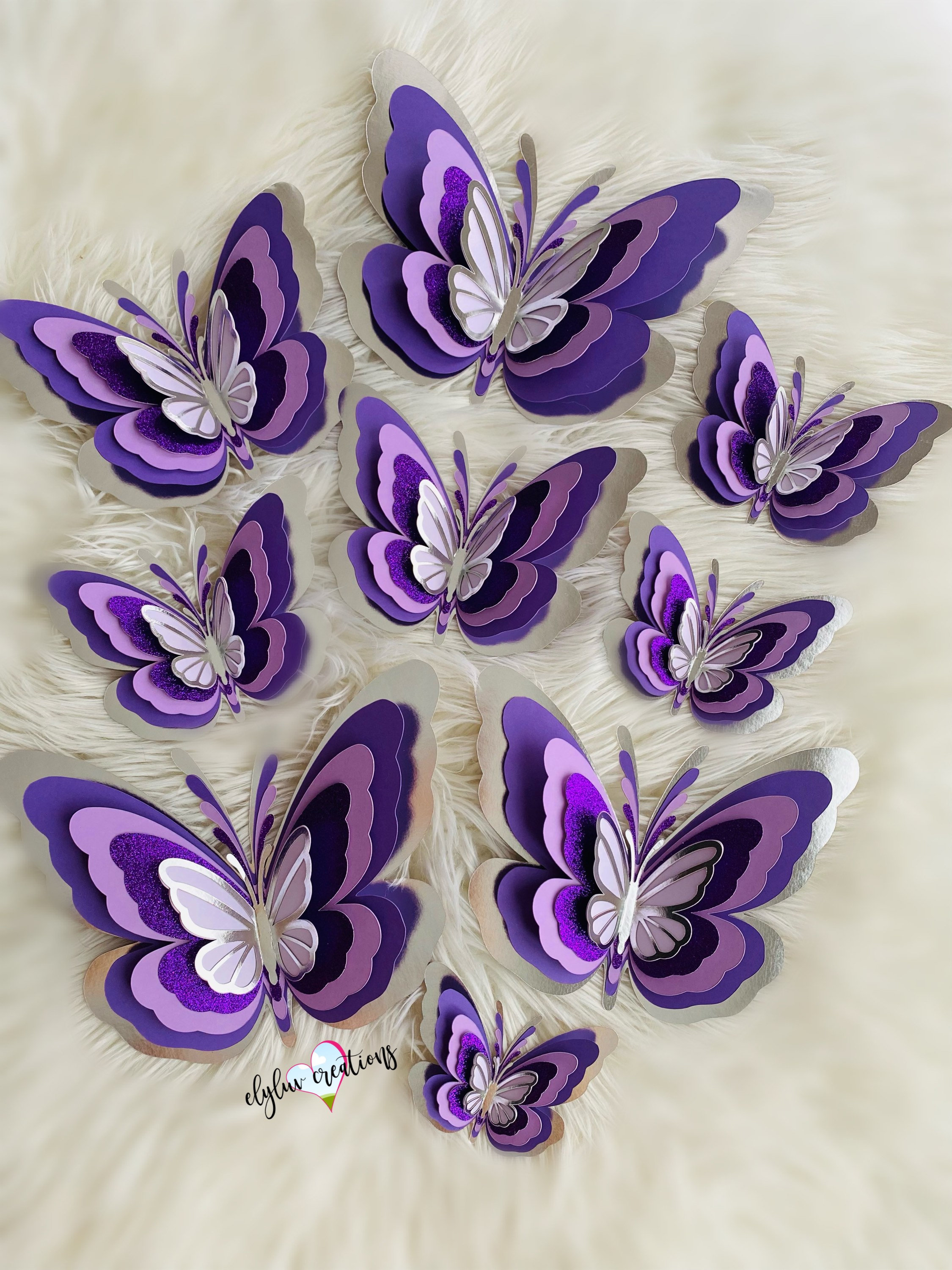 Purple and Silver Paper Butterfly Set, 5D Butterfly Sets, Layered ...