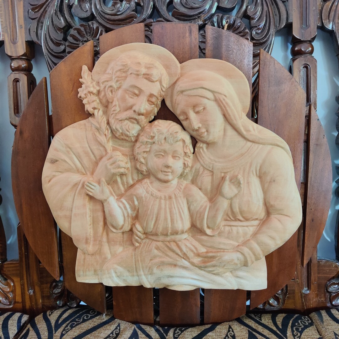 BABY JESUS FAMILY Wood Carving Wall Decor Religious Icon of Chirstians ...