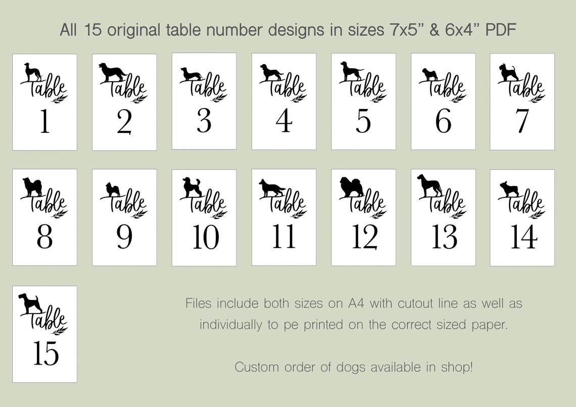 Dog Table Numbers 1 - 15 - Instant Download, Each Number is a Different ...