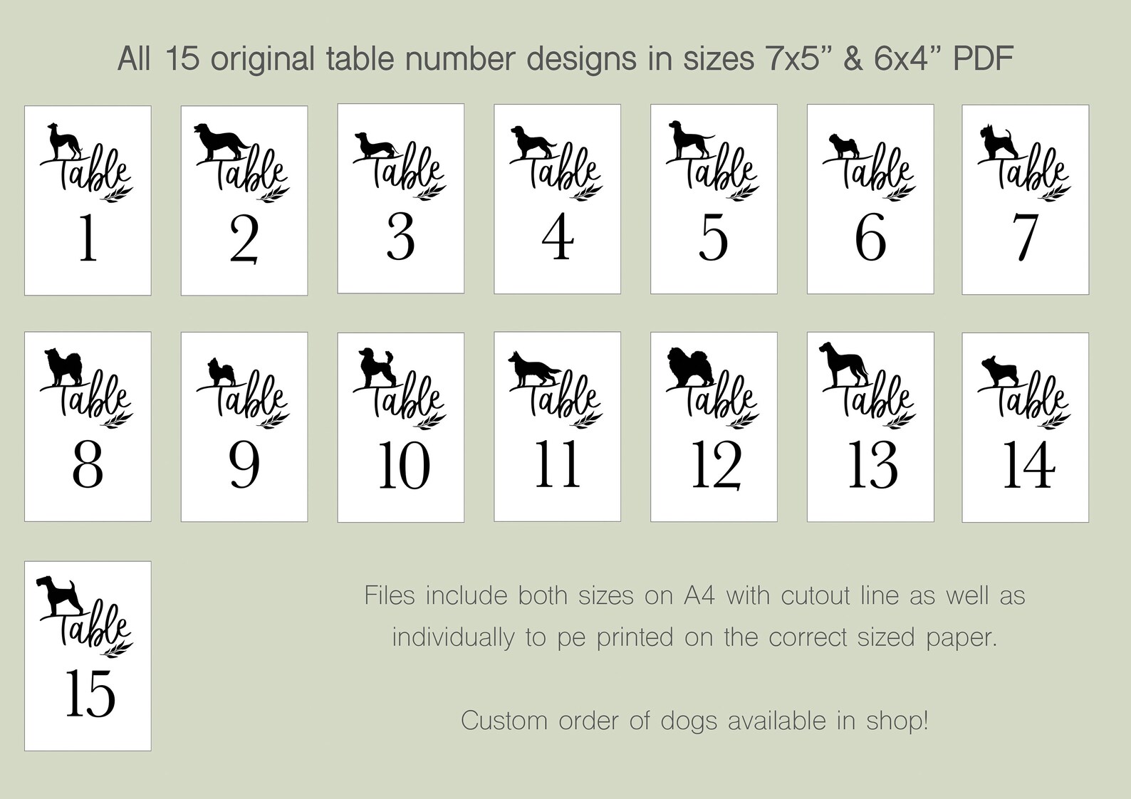 Dog Table Numbers 1 - 15 - Instant Download, Each Number is a Different ...