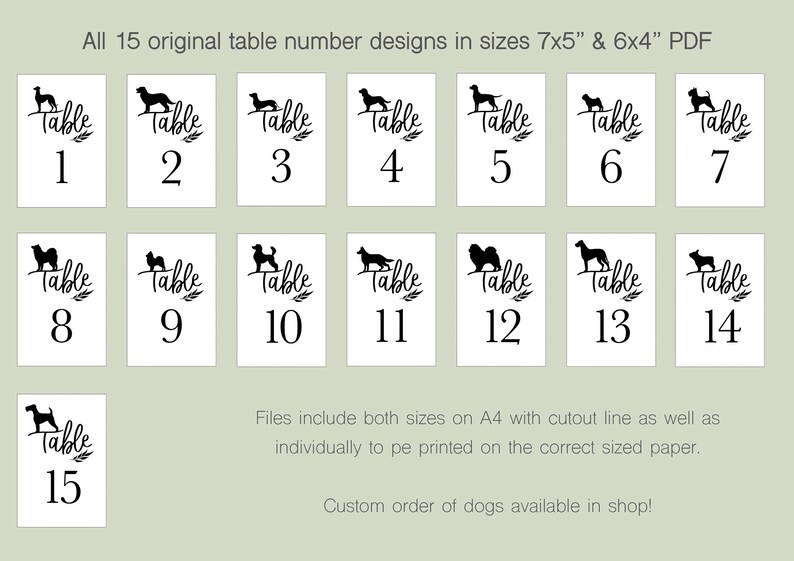 Dog Table Numbers 1 - 15 - Instant Download, Each Number is a Different ...