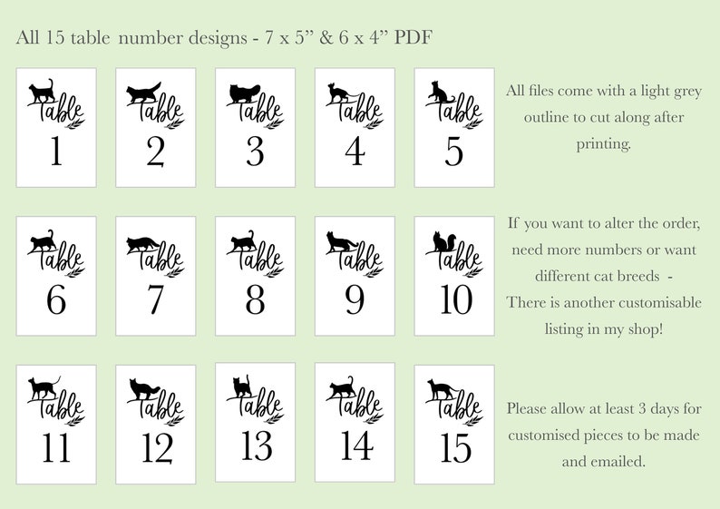 Cat Table Numbers 1 15 Instant Download Each Number is a - Etsy
