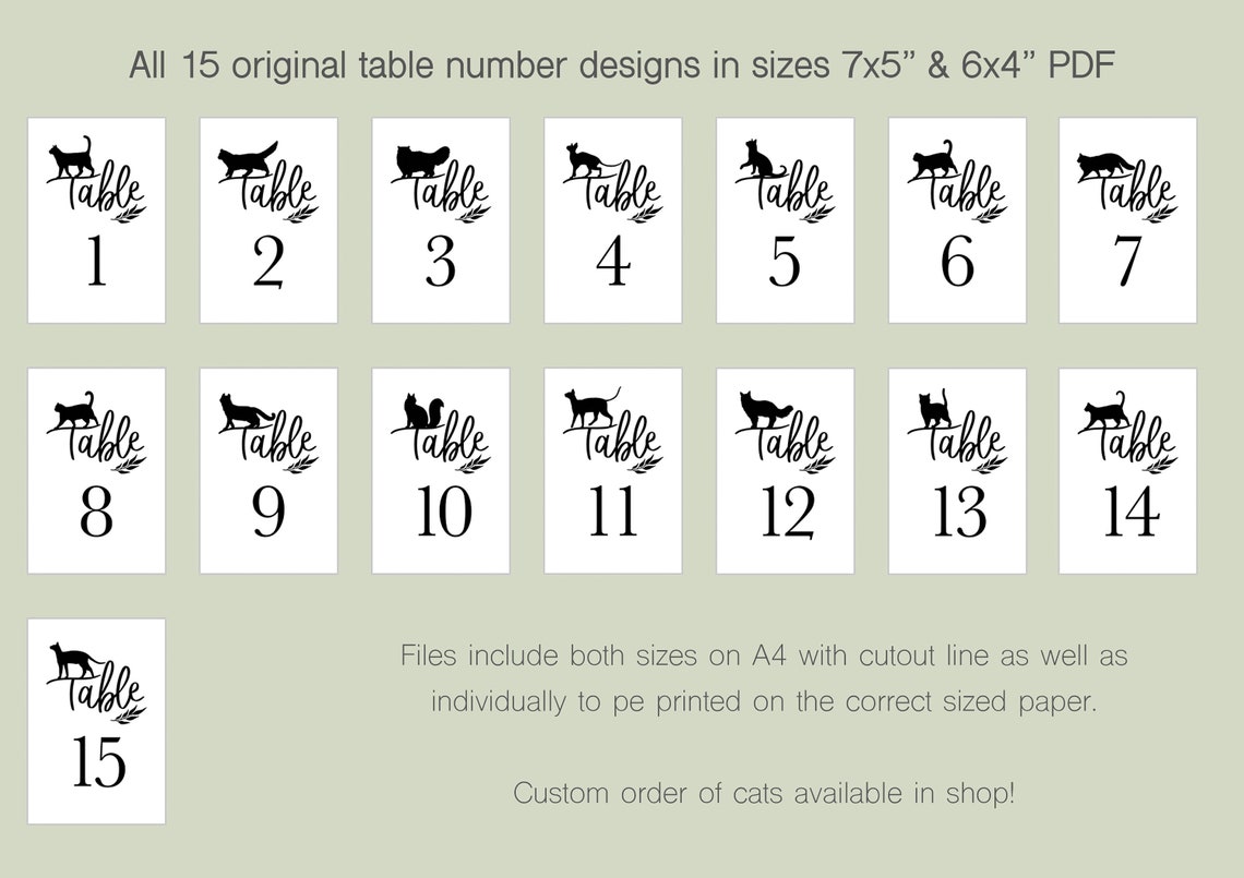 Cat Table Numbers 1 - 15 - Instant Download, Each Number is a Different ...