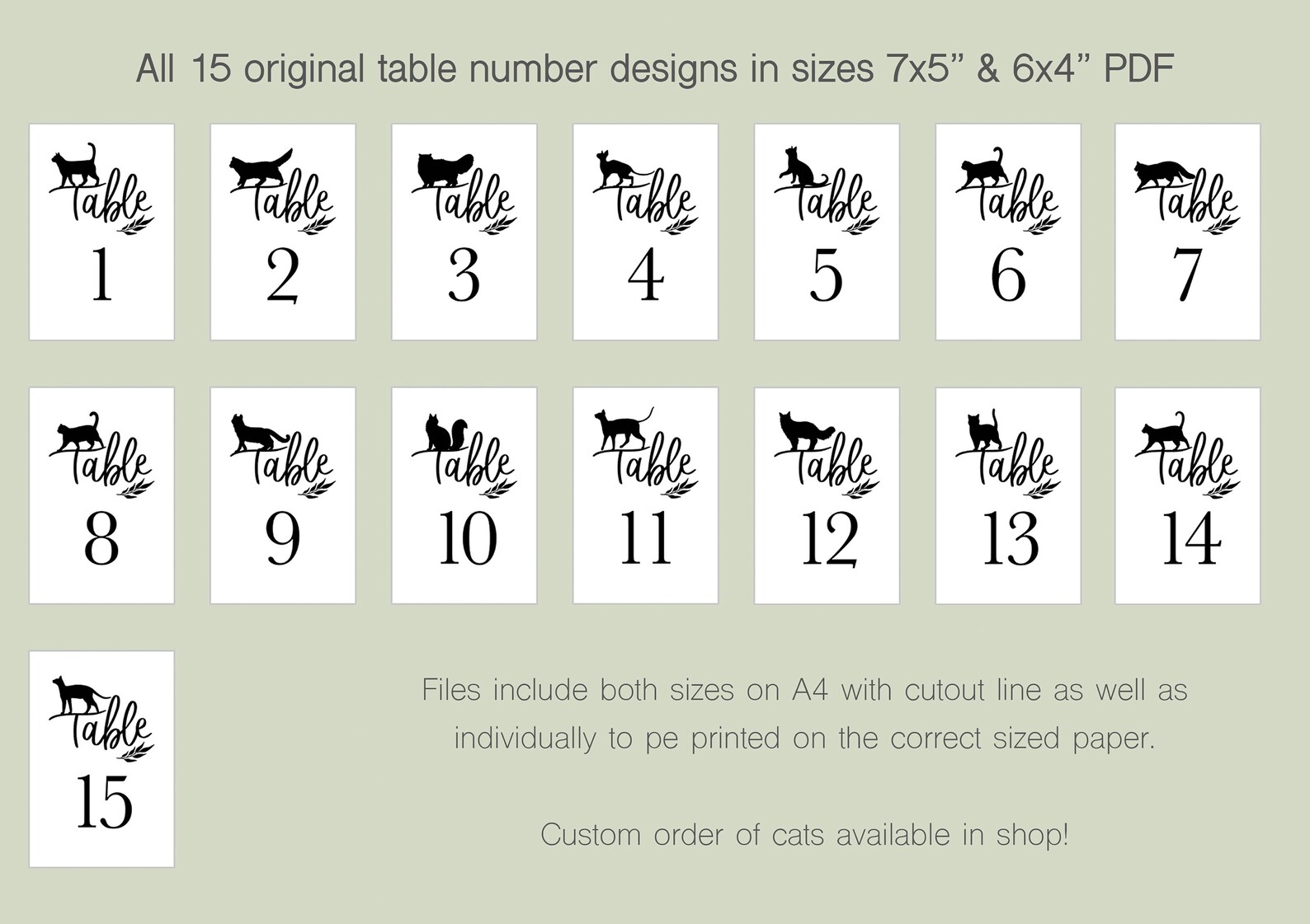 Cat Table Numbers 1 - 15 - Instant Download, Each Number is a Different ...