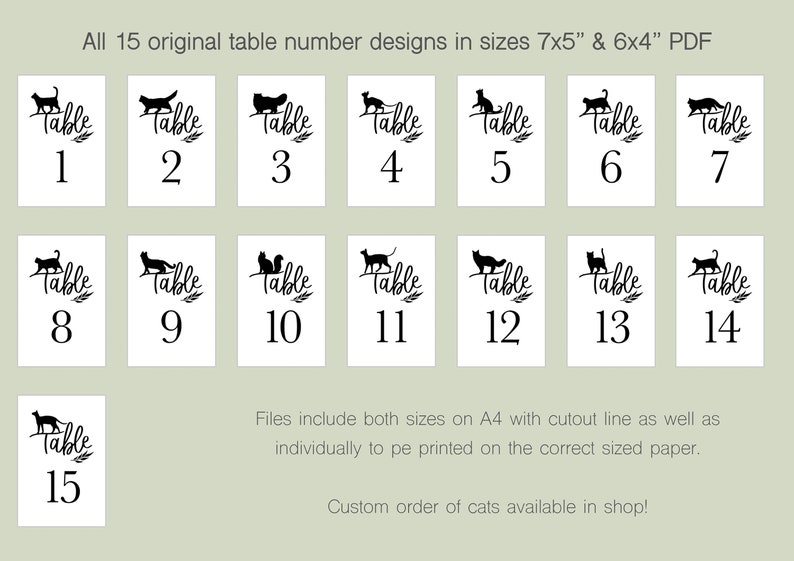 Cat Table Numbers 1 - 15 - Instant Download, Each Number is a Different ...