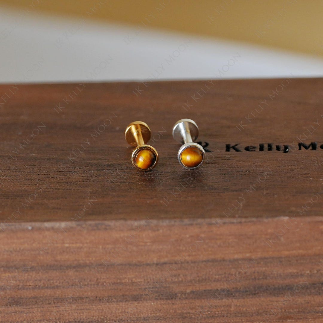 Natural Tigers Eye Earrings-dainty 3mm Tiny Bubble Threadless Push Pin ...
