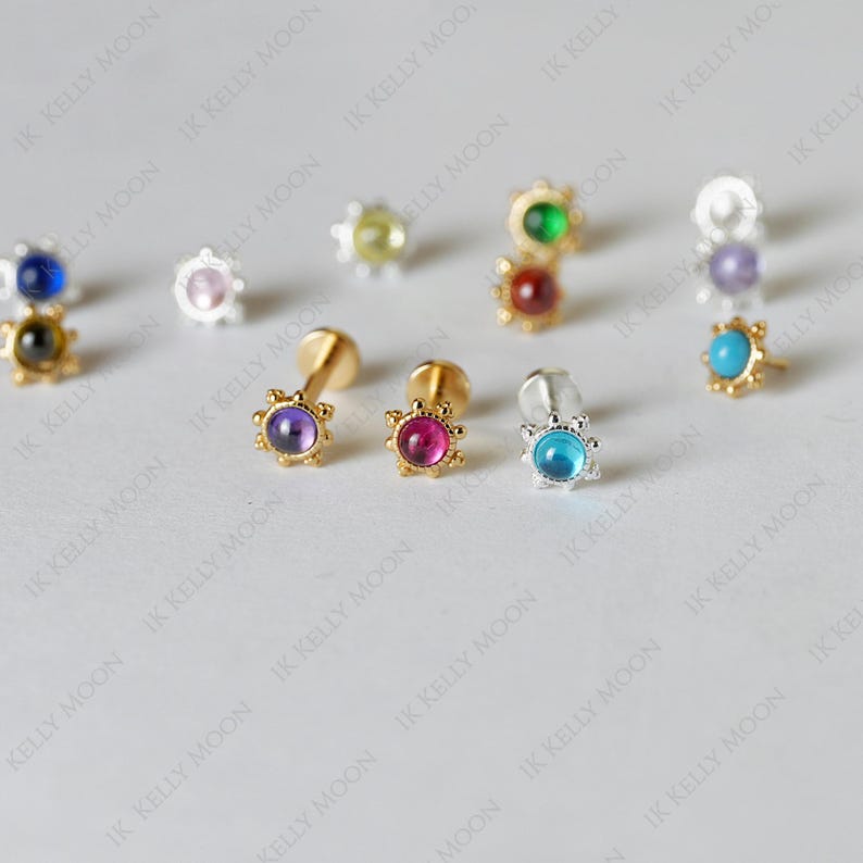 Dainty Birthstone Threadless Stud -925 Silver Earrings -16G 18G 20G ...