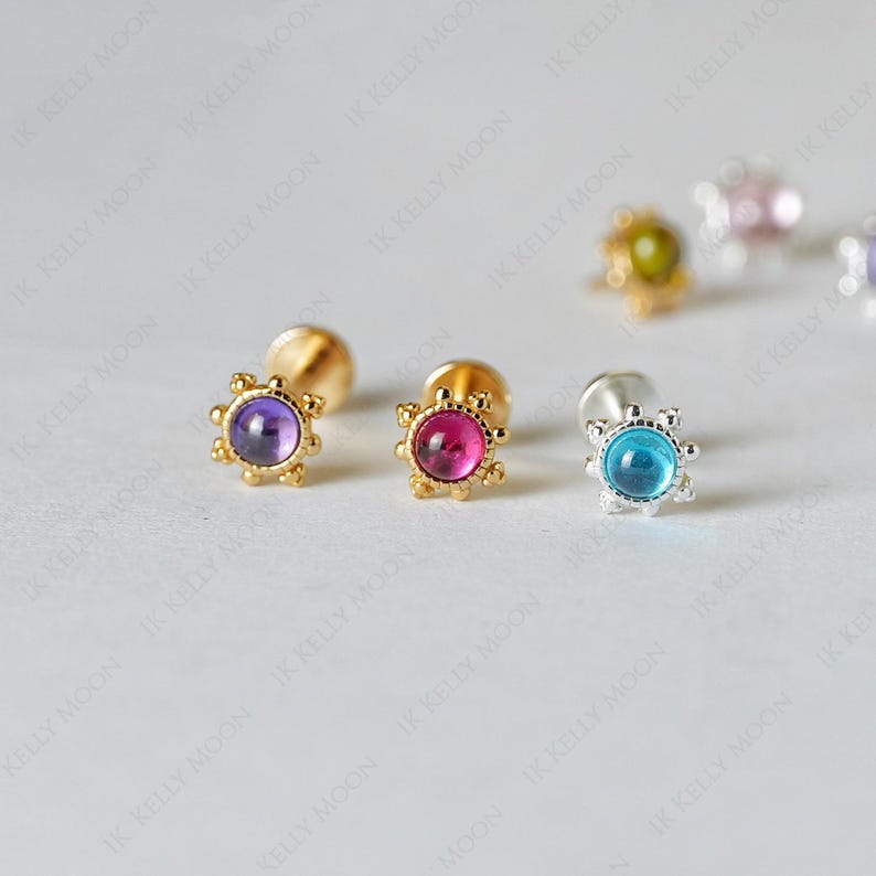 Dainty Birthstone Threadless Stud -925 Silver Earrings -16G 18G 20G ...