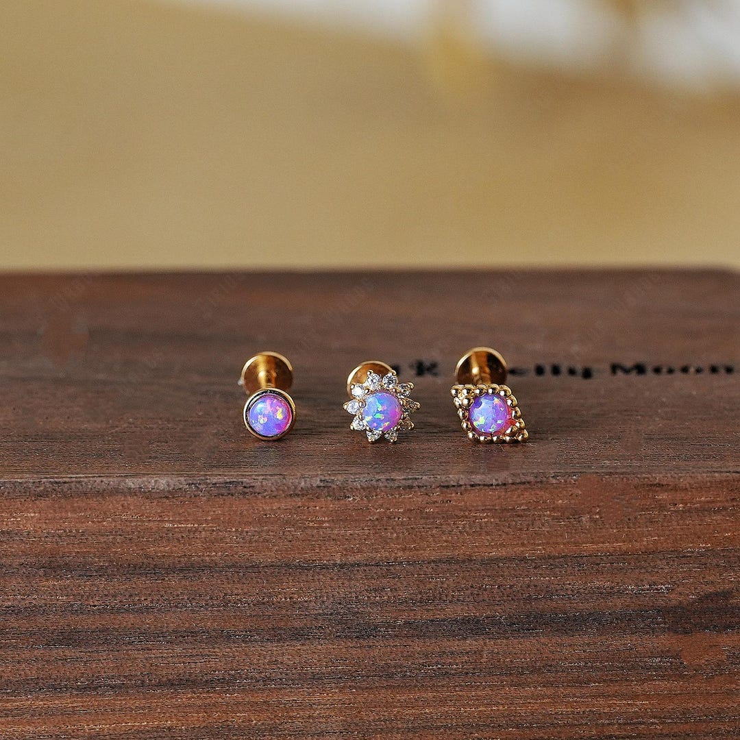 Purple Opal Threadless Earrings-925 Sterling Silver Push Pin-14k Gold ...